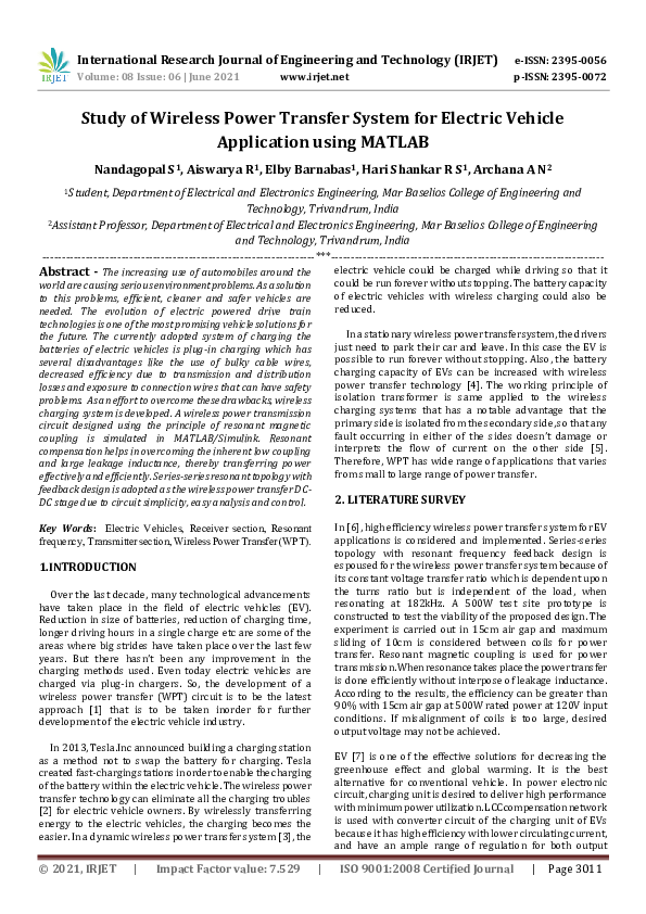 (PDF) IRJET- Study of Wireless Power Transfer System for Electric ...