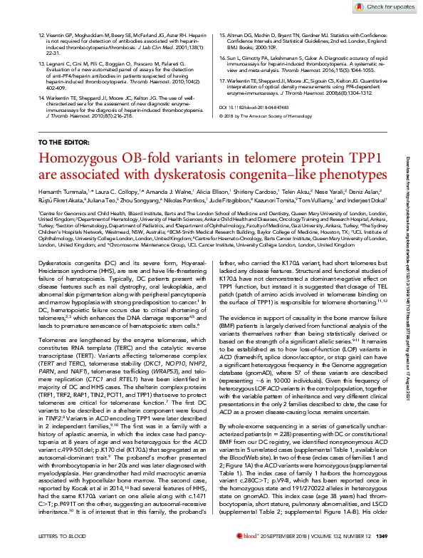 (PDF) Homozygous OB-fold variants in telomere protein TPP1 are associated with dyskeratosis ...