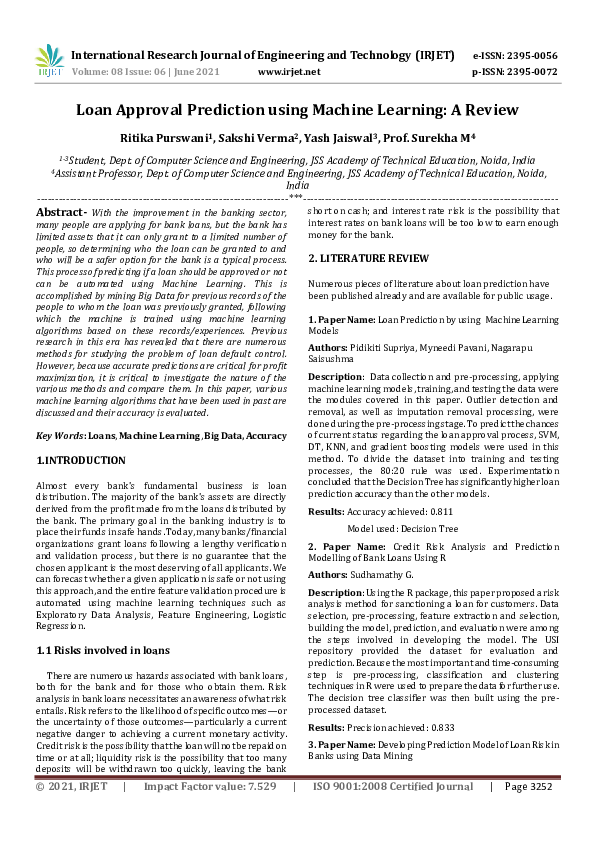 (PDF) IRJET- Loan Approval Prediction using Machine Learning: A Review