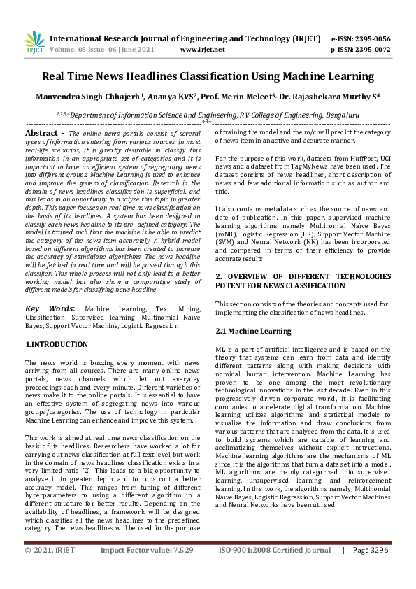 (PDF) IRJET-Real Time News Headlines Classification Using Machine Learning