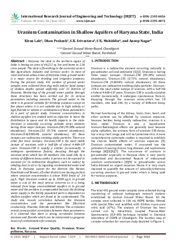 (PDF) IRJET- Uranium Contamination in Shallow Aquifers of Haryana State ...