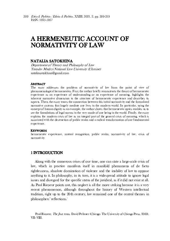 (PDF) A HERMENEUTIC ACCOUNT OF NORMATIVITY OF LAW