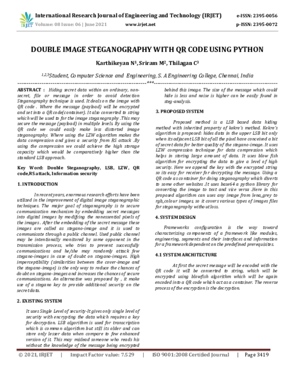 (PDF) IRJET- DOUBLE IMAGE STEGANOGRAPHY WITH QR CODE USING PYTHON