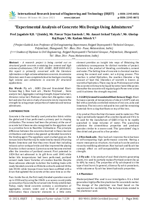 Pdf Irjet Experimental Analysis Of Concrete Mix Design Using