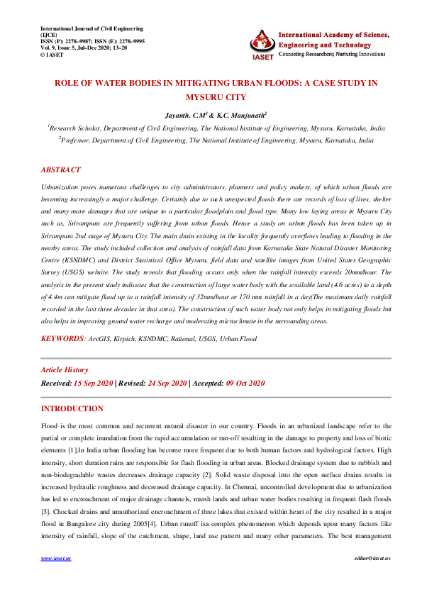 (PDF) ROLE OF WATER BODIES IN MITIGATING URBAN FLOODS: A CASE STUDY IN ...