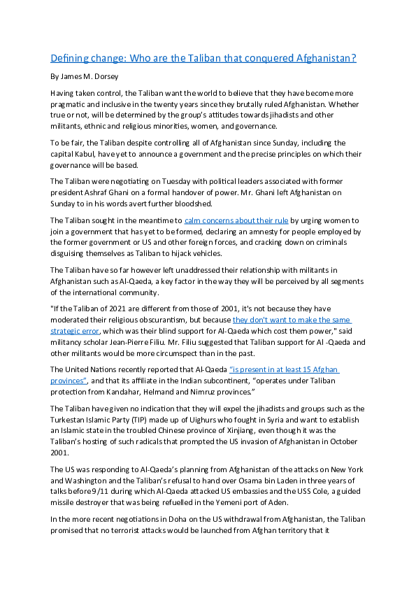 (DOC) Defining change: Who are the Taliban that conquered Afghanistan