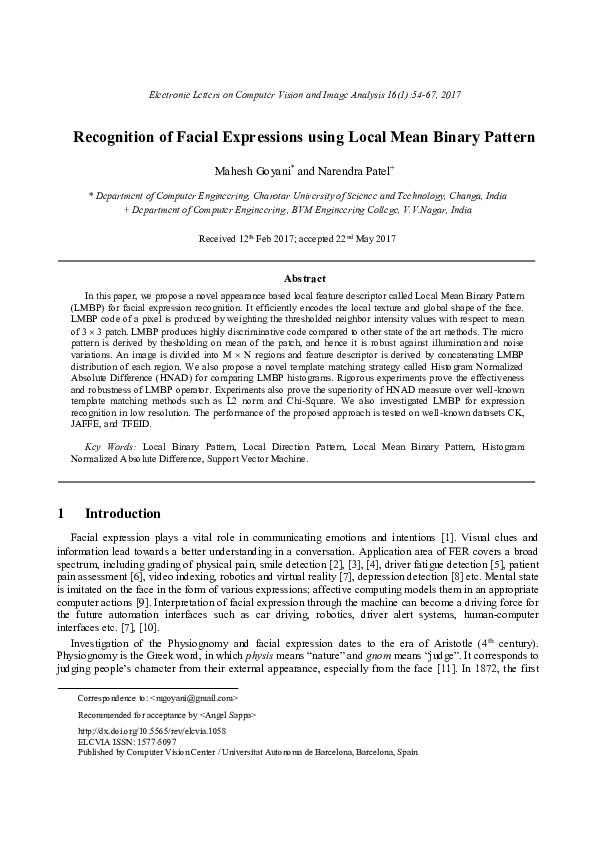 (PDF) Recognition of Facial Expressions using Local Binary Patterns of Important Facial Parts