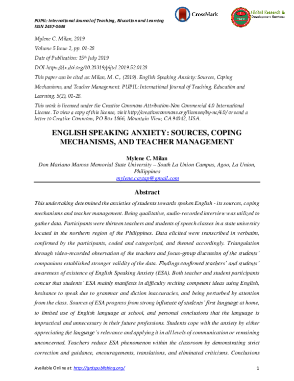(PDF) English Speaking Anxiety: Sources, Coping Mechanisms, and Teacher ...