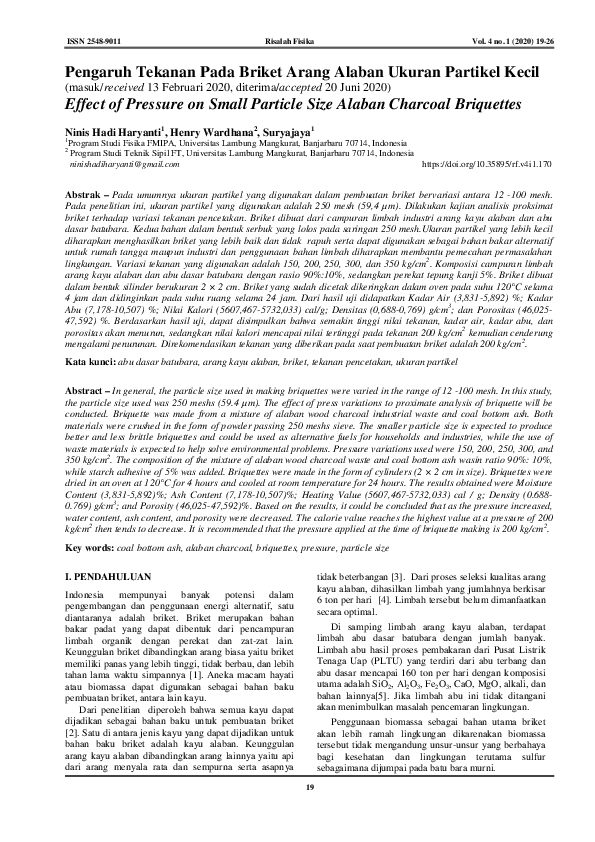 (PDF) Pengaruh Tekanan Pada Briket Arang Alaban Ukuran Partikel Kecil