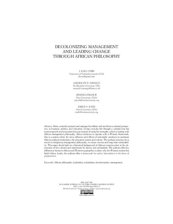 (PDF) GJ 2021, 1, Decolonizing Management and Leading Change through African Philosophy, by J ...