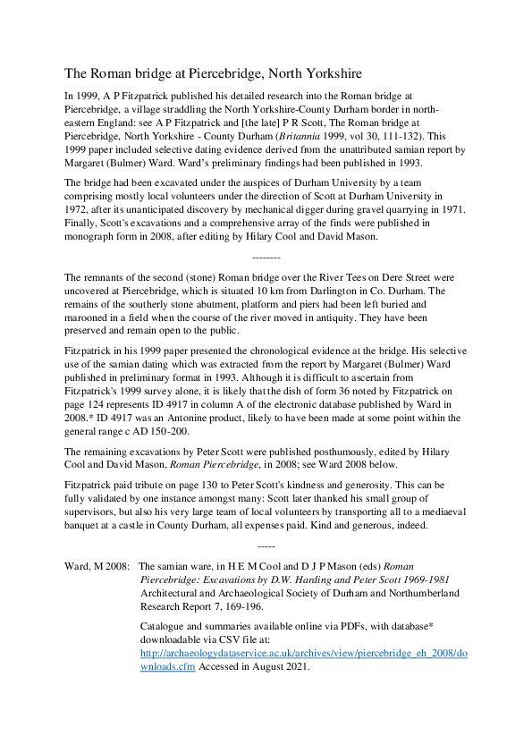 (PDF) Piercebridge Roman bridge - some notes compiled before the ...