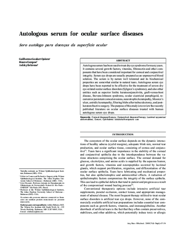 (PDF) Autologous serum for ocular surface diseases