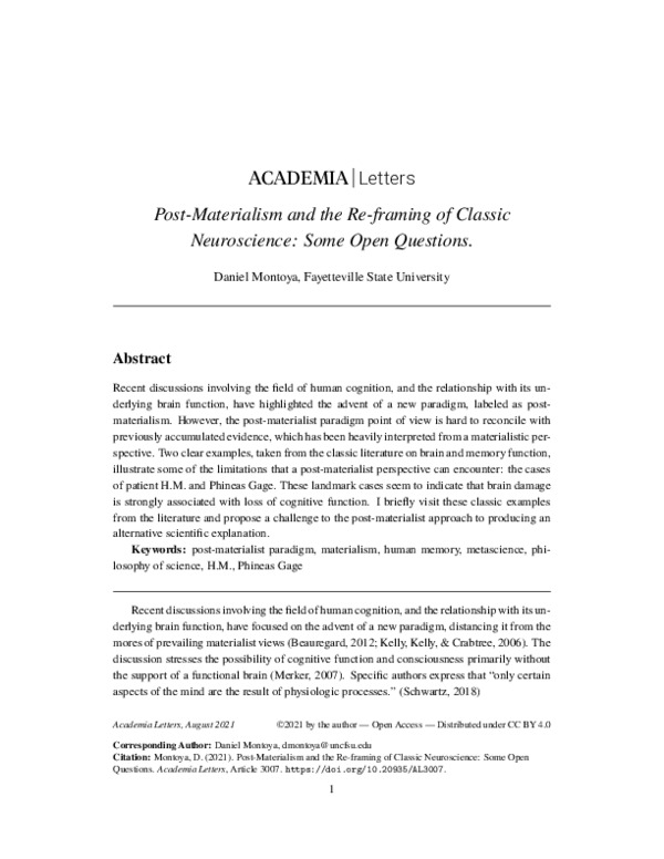 (PDF) Post-Materialism and the Re-framing of Classic Neuroscience: Some ...