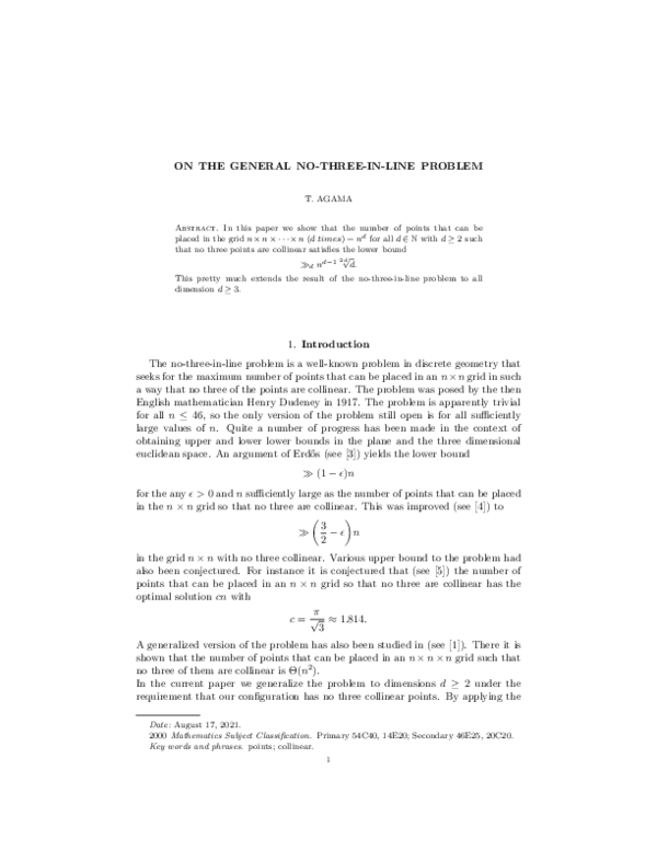 (PDF) ON THE GENERAL NO-THREE-IN-LINE PROBLEM