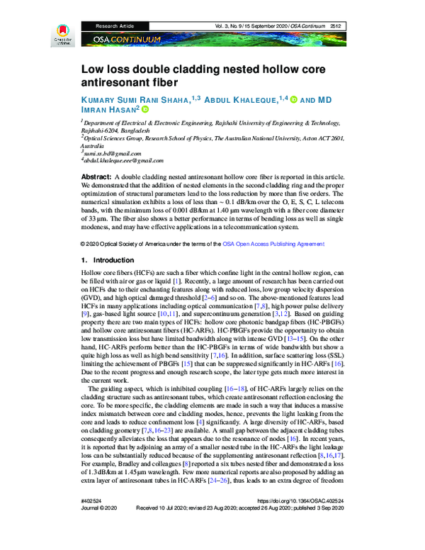 (PDF) Low loss double cladding nested hollow core antiresonant fiber