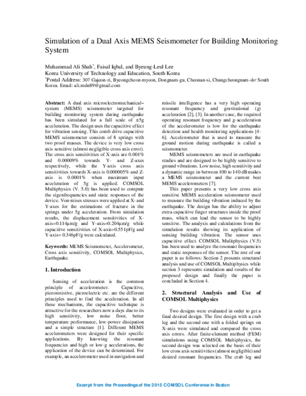Pdf Simulation Of A Dual Axis Mems Seismometer For Building