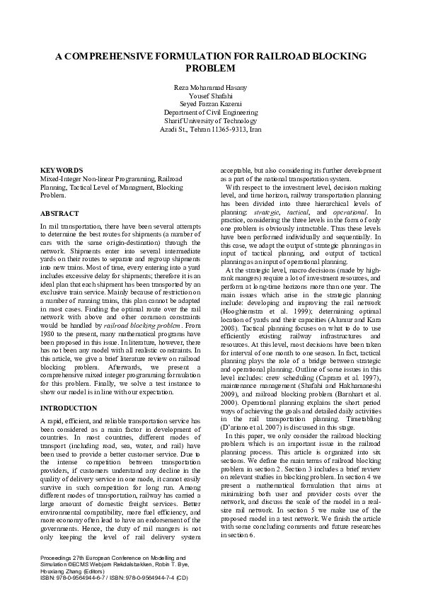 Pdf A Comprehensive Formulation For Railroad Blocking Problem