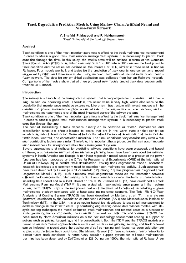 Pdf Track Degradation Prediction Models Using Markov Chain Artificial Neural And Neuro Fuzzy