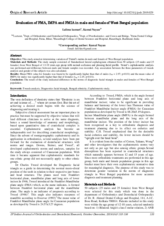 (PDF) Evaluation of FMA, IMPA and FMIA in male and female of West ...