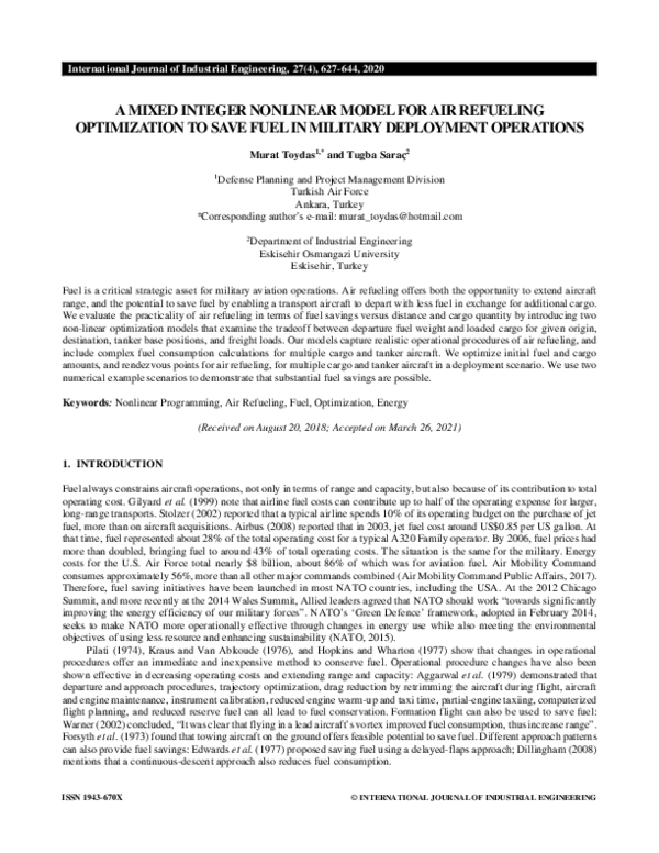 (PDF) A MIXED INTEGER NONLINEAR MODEL FOR AIR REFUELING OPTIMIZATION TO ...