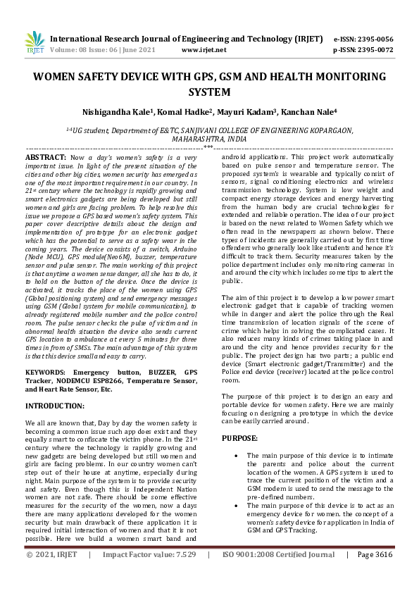 (PDF) IRJET- WOMEN SAFETY DEVICE WITH GPS, GSM AND HEALTH MONITORING SYSTEM