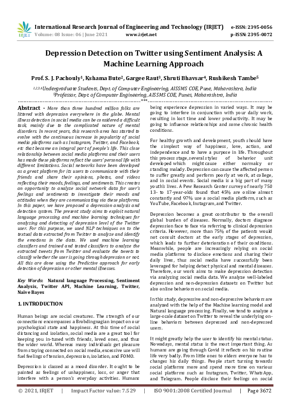 Pdf Irjet Depression Detection On Twitter Using Sentiment Analysis A Machine Learning Approach