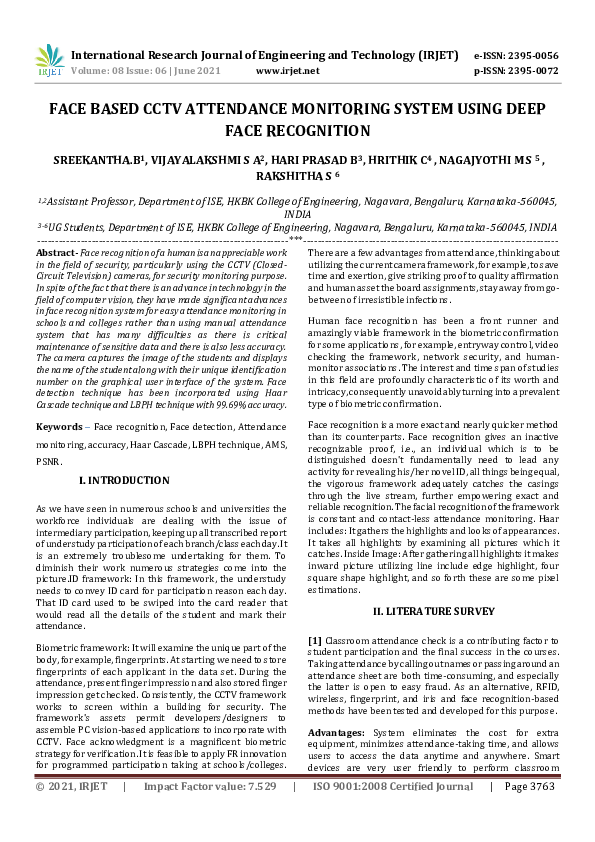 Pdf Irjet Face Based Cctv Attendance Monitoring System Using Deep