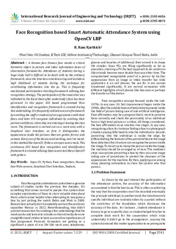 Pdf Irjet Face Recognition Based Smart Automatic Attendance System Using Opencv Lbp