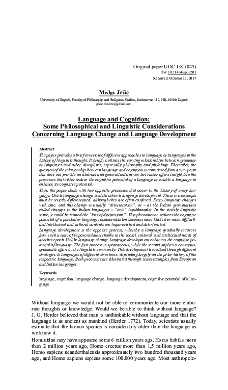 (PDF) Language and Cognition: Some Philosophical and Linguistic Considerations Concerning ...