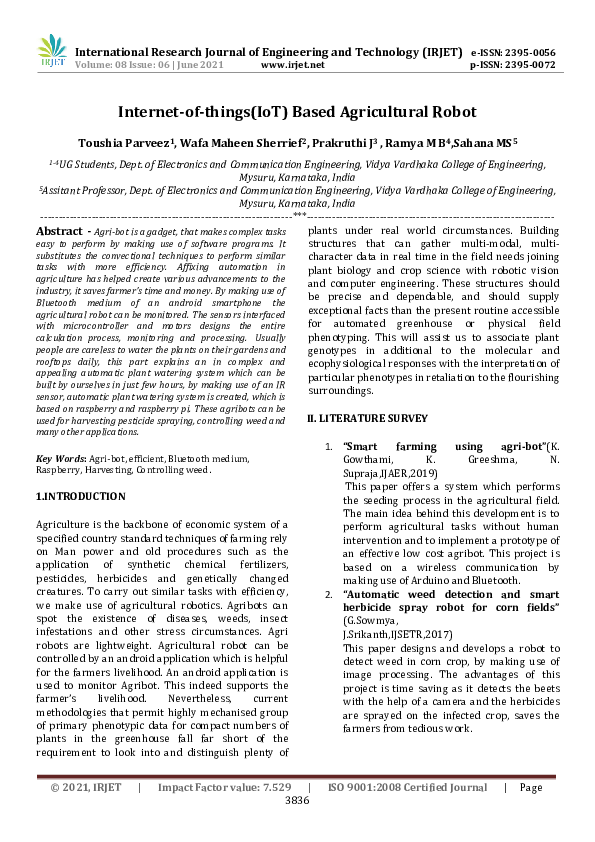 (PDF) IRJET- Internet-of-things(IoT) Based Agricultural Robot