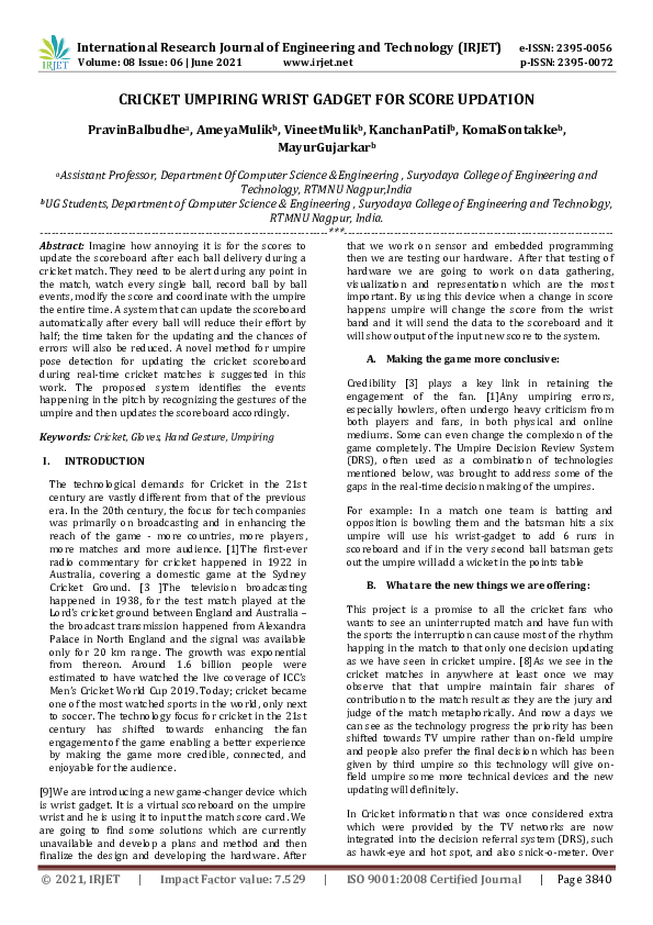 (PDF) IRJET- CRICKET UMPIRING WRIST GADGET FOR SCORE UPDATION