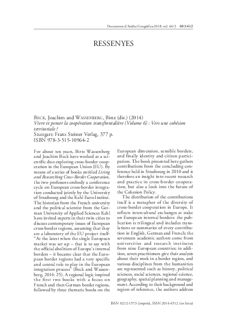 (PDF) Beck, Joachim and Wassenberg, Birte (dir.) (2014). Vivre et ...