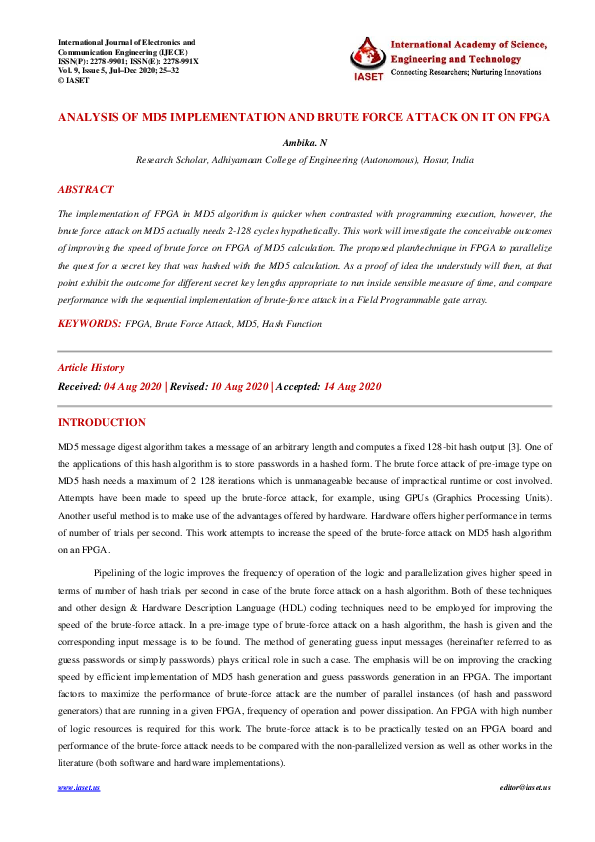 (PDF) ANALYSIS OF MD5 IMPLEMENTATION AND BRUTE FORCE ATTACK ON IT ON FPGA