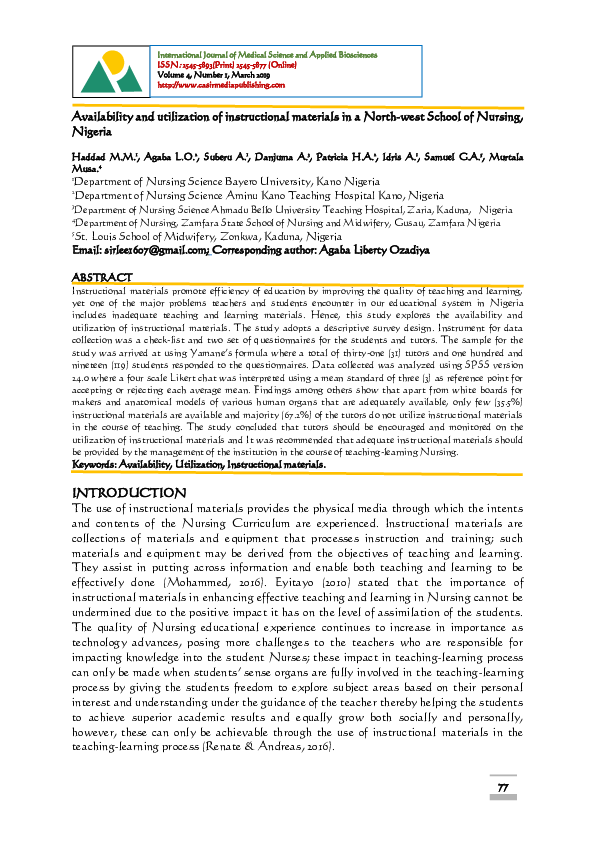 (PDF) Availability and Utilization of Instructional Materials in a North-west School of Nursing ...
