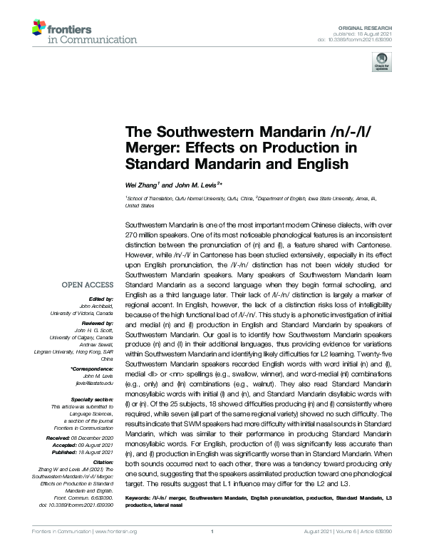 (PDF) The Southwestern Mandarin /n/-/l/ Merger: Effects on Production ...