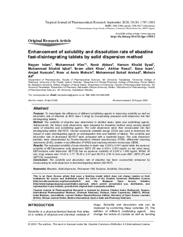 Pdf Enhancement Of Solubility And Dissolution Rate Of Ebastine Fast Disintegrating Tablets By