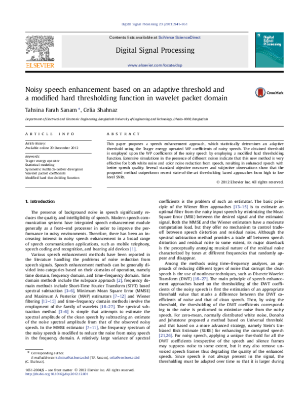 (PDF) Noisy speech enhancement based on an adaptive threshold and a modified hard thresholding ...