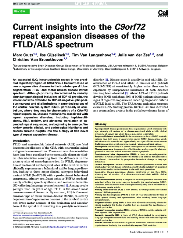 (PDF) Current insights into the C9orf72 repeat expansion diseases of ...