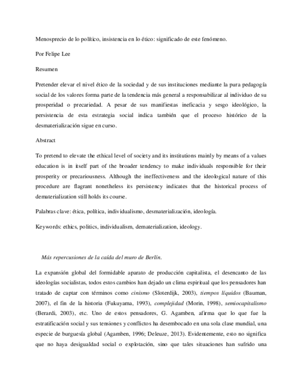 (PDF) Menosprecio de lo político, insistencia en lo ético: significado ...