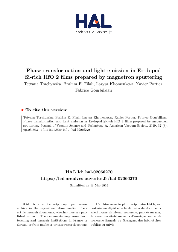 (PDF) Phase transformation and light emission in Er-doped Si-rich HfO2 films prepared by ...