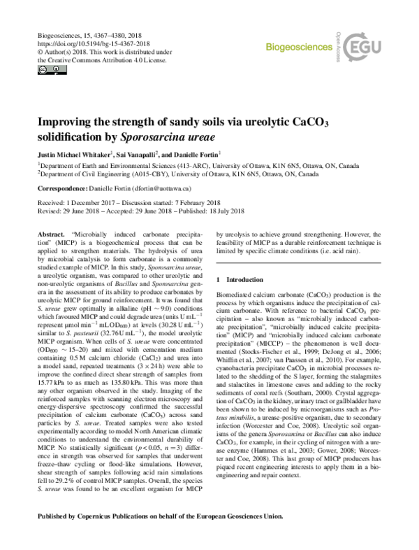 (PDF) Improving the strength of sandy soils via ureolytic CaCO 3 ...