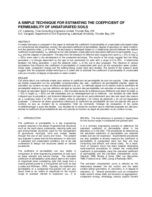 (PDF) A Simple Technique for Estimating the Coefficient of Permeability of Unsaturated Soils