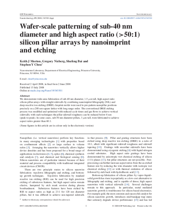(PDF) Wafer-scale patterning of sub-40 nm diameter and high aspect ratio (>50:1) silicon pillar ...