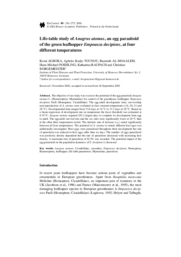 (PDF) Life-table study of Anagrus atomus, an egg parasitoid of the ...