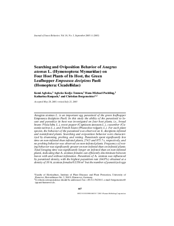 (PDF) Searching and Oviposition Behavior of Anagrus atomus L ...