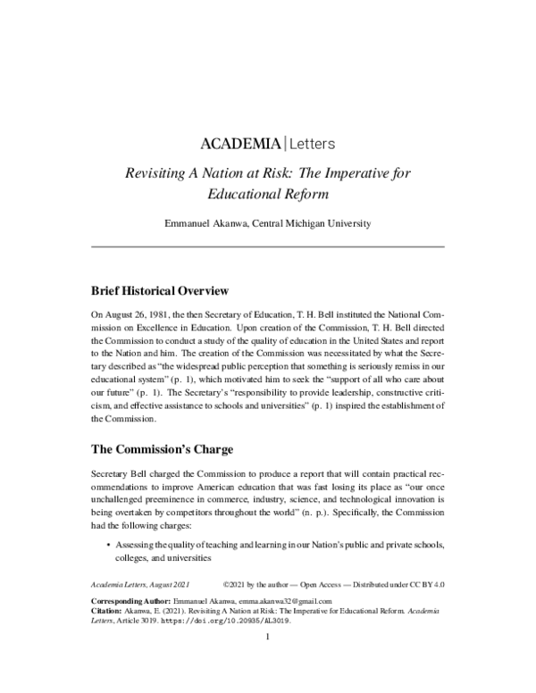 (PDF) Revisiting A Nation at Risk: The Imperative for Educational Reform