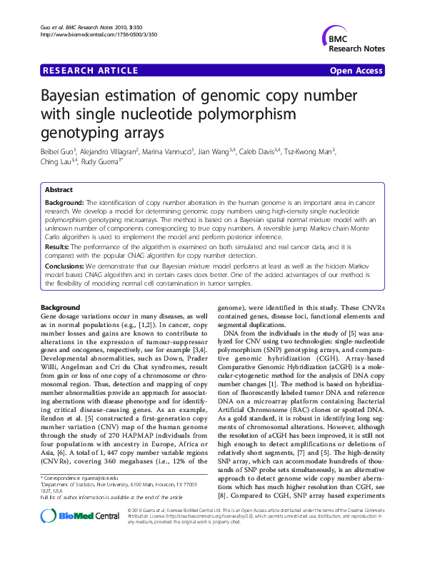 Pdf Bayesian Estimation Of Genomic Copy Number With Single Nucleotide