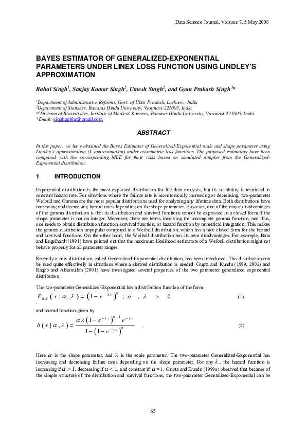 (PDF) Bayes estimator of generalized-exponential parameters under linex loss function using ...