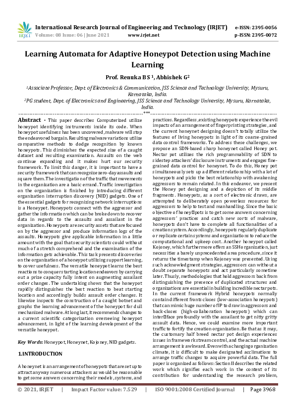 Pdf Irjet Learning Automata For Adaptive Honeypot Detection Using Machine Learning 