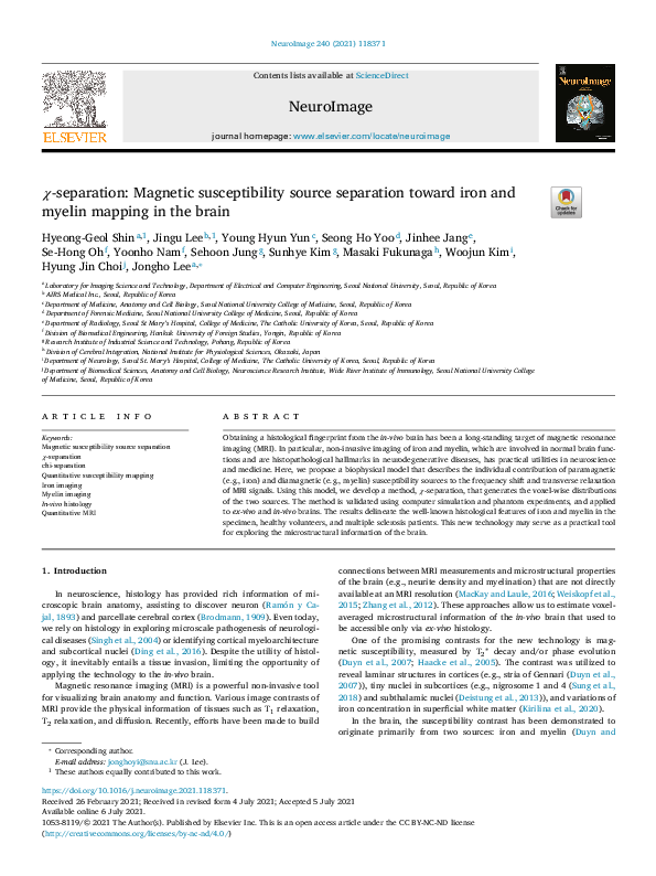 (PDF) separation: Magnetic susceptibility source separation toward iron and myelin mapping in ...